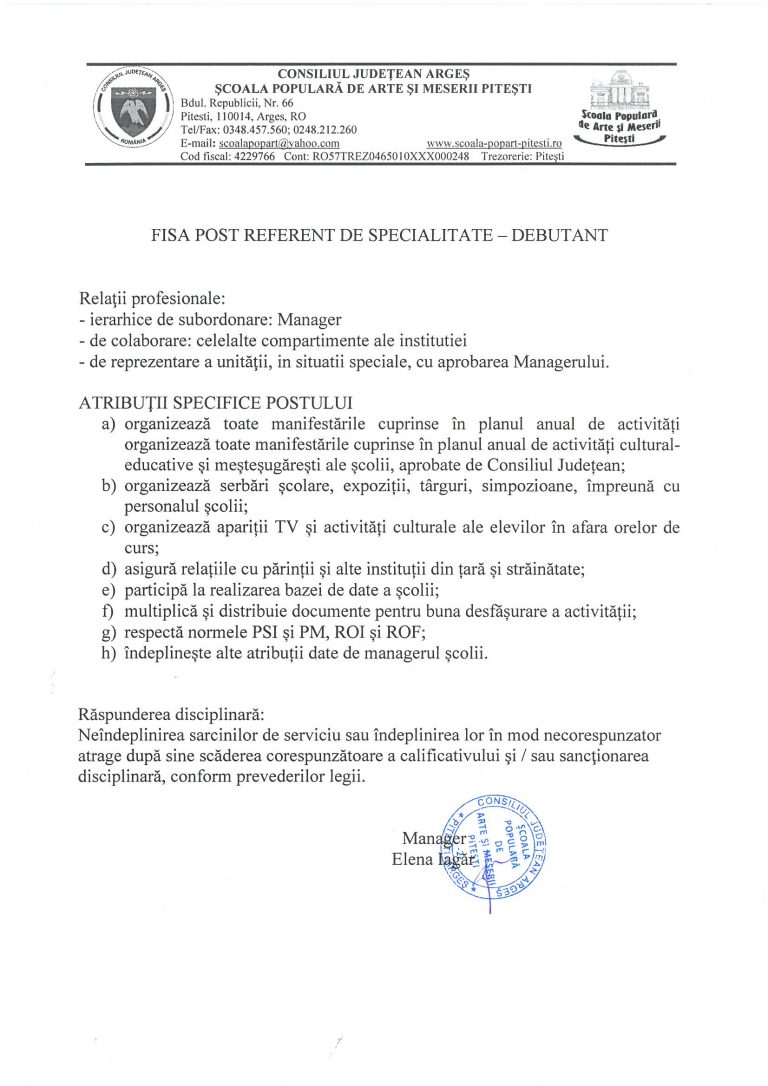 Fisa postului de referent de specialitate – debutant – Școala Populară ...